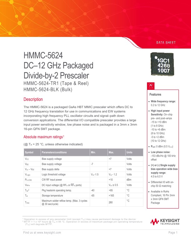 HMMC-5624 DC–12 GHz Packaged Divide-by-2 Prescaler PDF Asset Page | Keysight